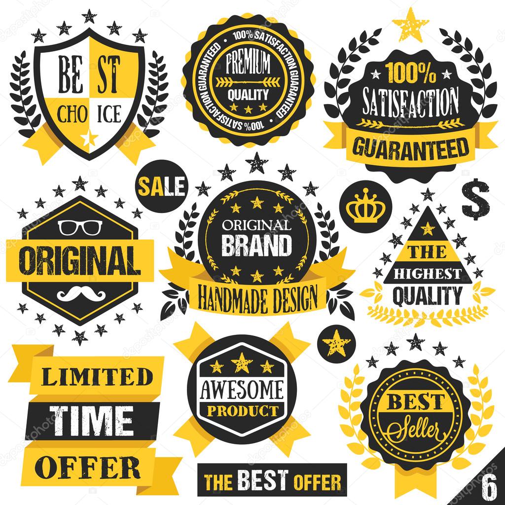 Black and yellow stickers, badges, labels and ribbons. Set 6 Stock ...