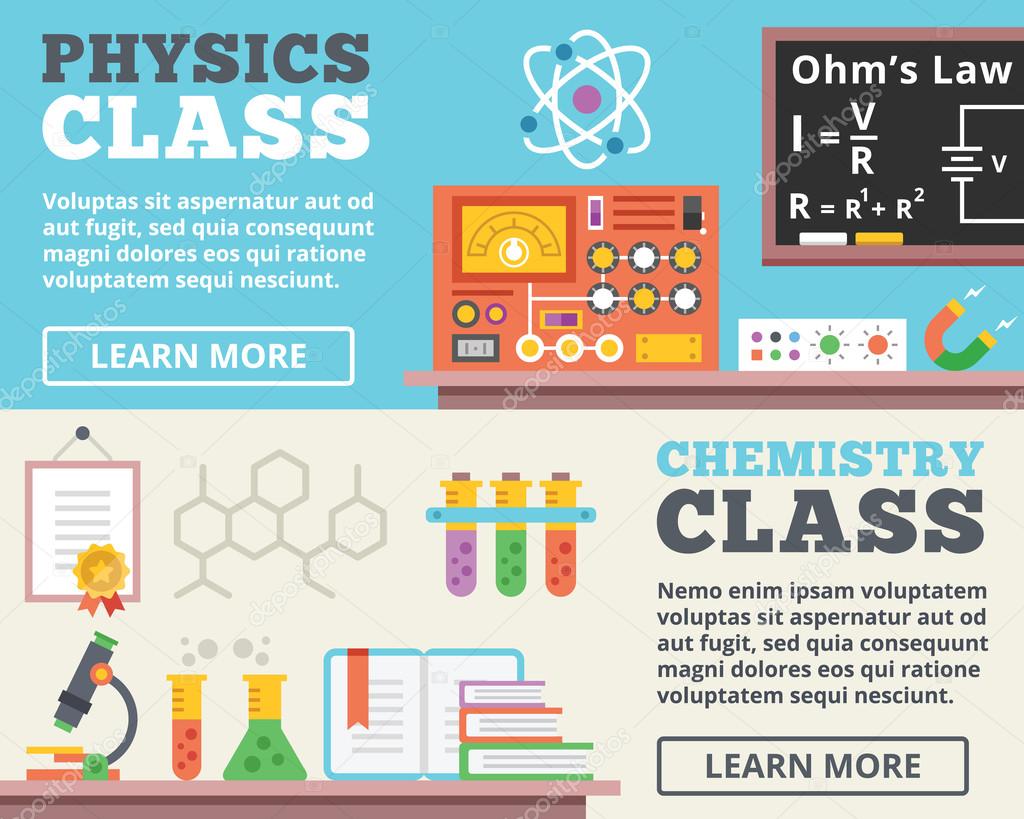 Physics class and chemistry class concepts. Top view. Trendy flat ...