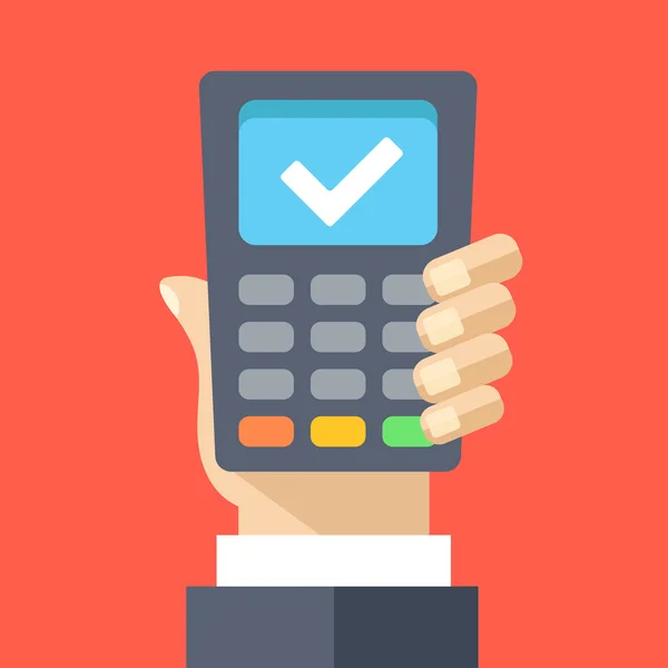 Credit card machine with check mark. Hand holding point of sale, pos ...