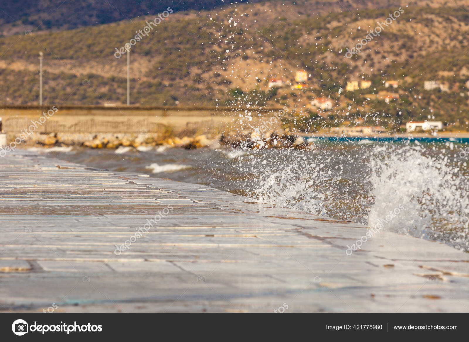 Sea Water Splashing Edges Jetty Pier Reservoir Wall Coastline Town ...