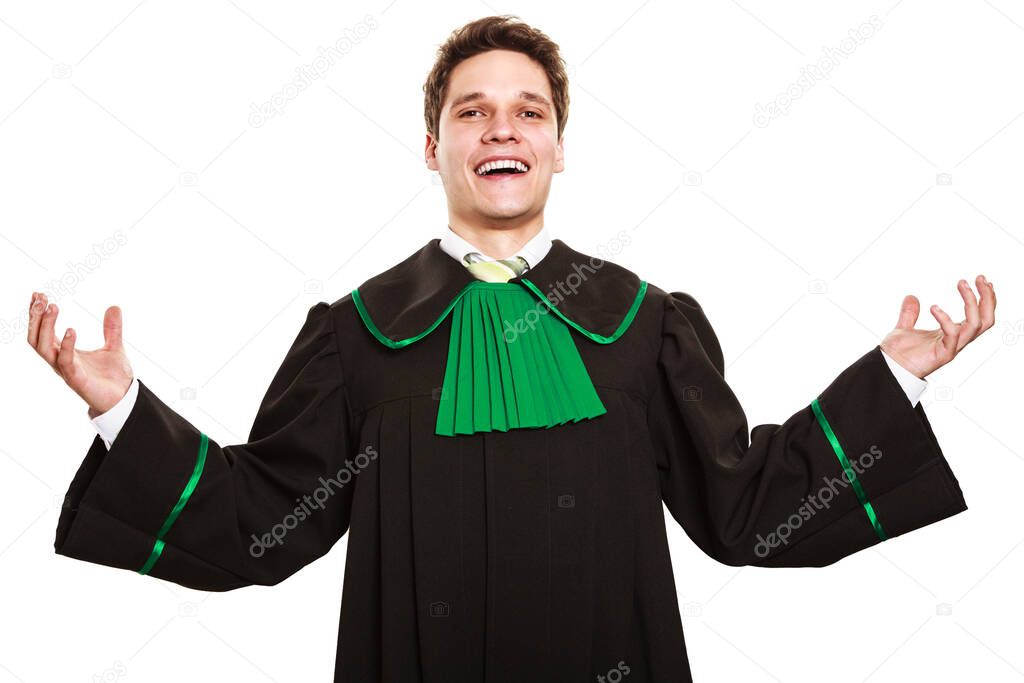 Una vida exitosa. Un joven abogado expresivo con brazos abiertos ...