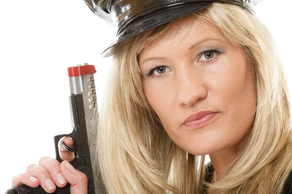 Policewoman holding handgun Stock Photo by ©Voyagerix 70949237