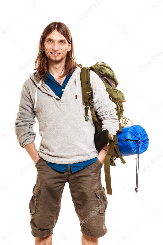 Man tourist backpacker portrait. Summer travel. — Stock Photo ...