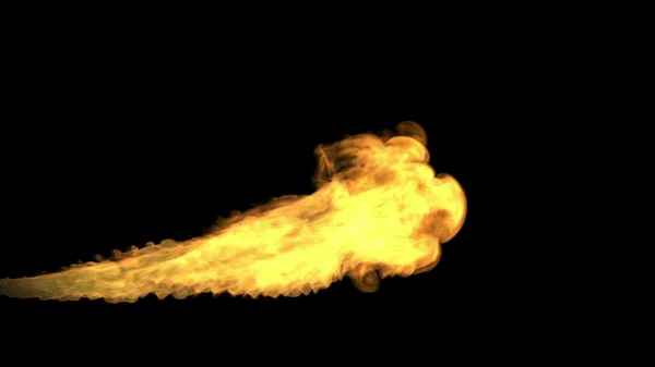 Gas fire emitter from left to right with particles on black background ...