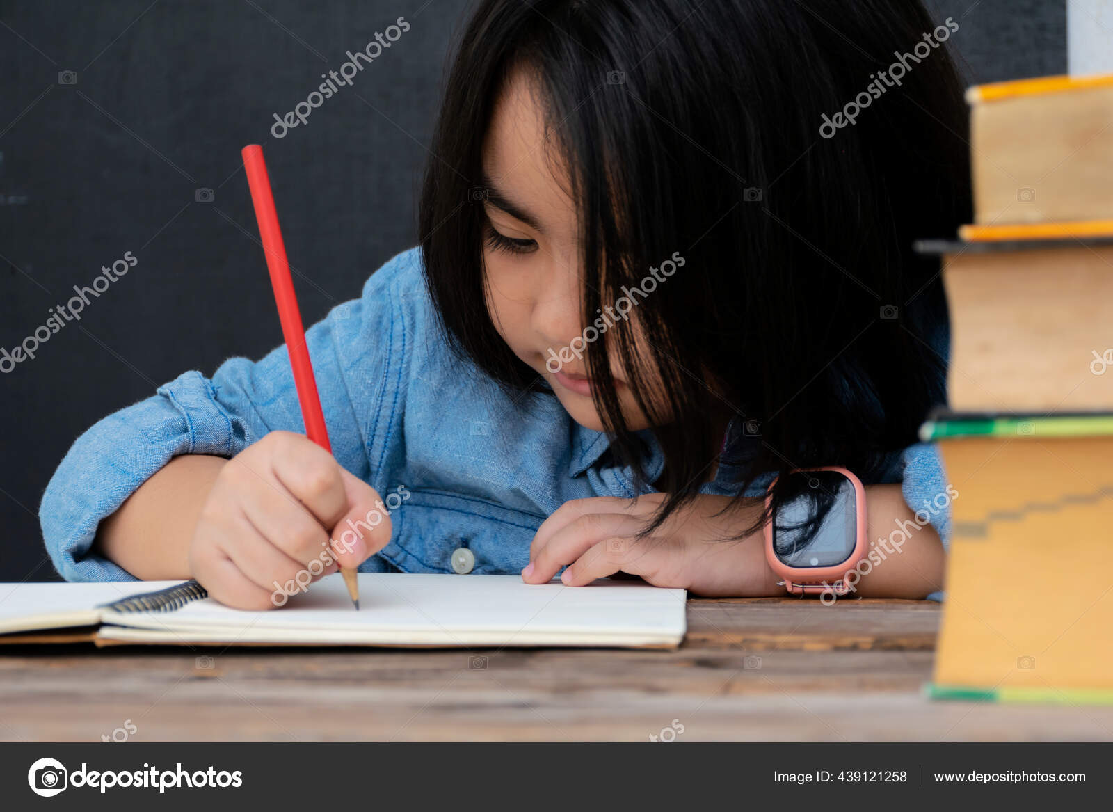 Little Girl Writing Something Copybook Sitting Table Student Studying ...
