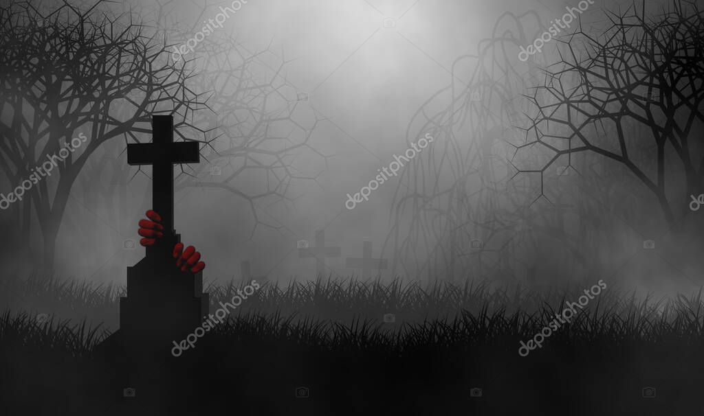 Rojo diablo manos coger en viejo lápida en miedo y horror niebla bosque ...