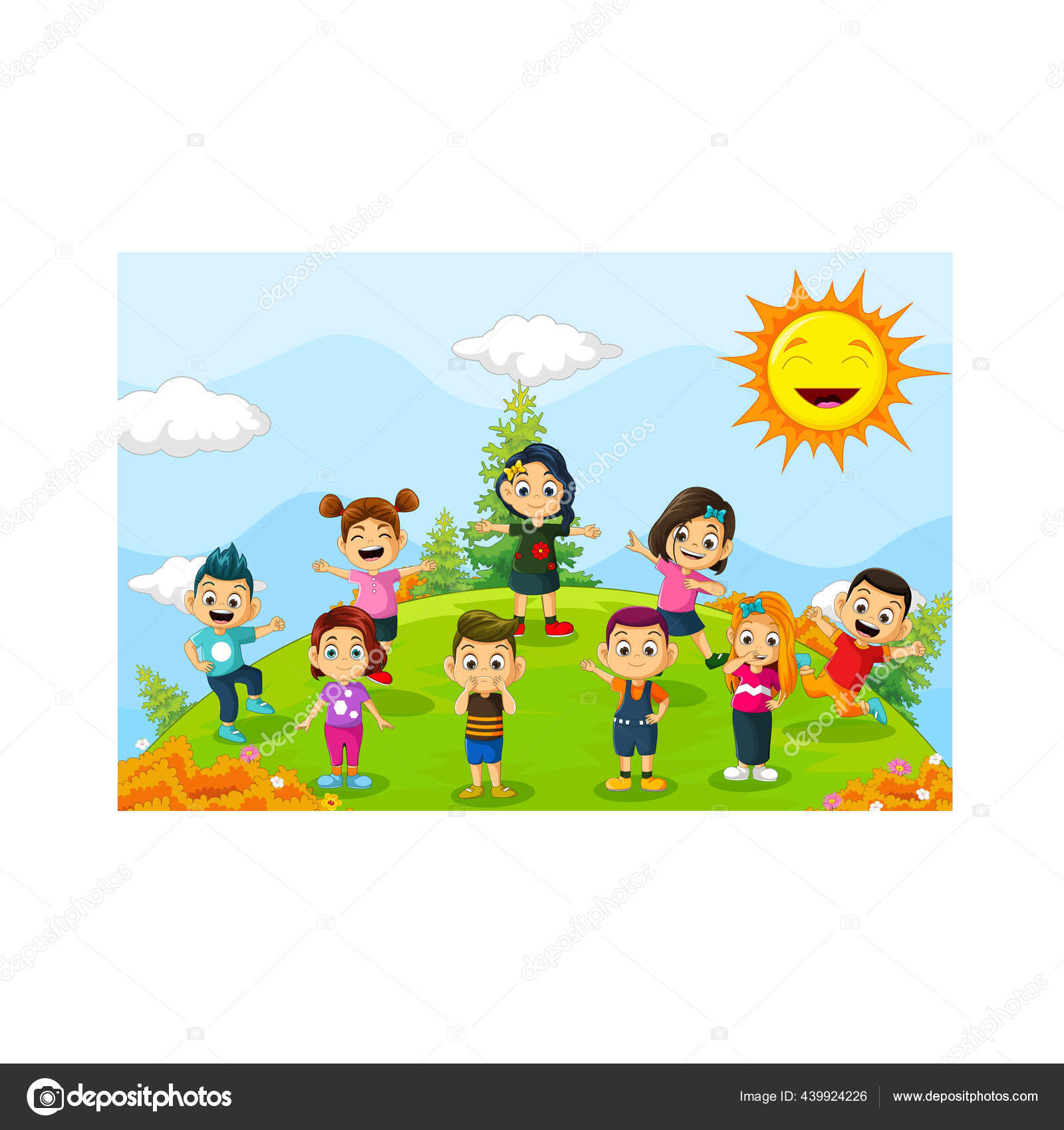 Alegría Los Niños Jugando Sobre Fondo Paisajes Naturales Vector de ...
