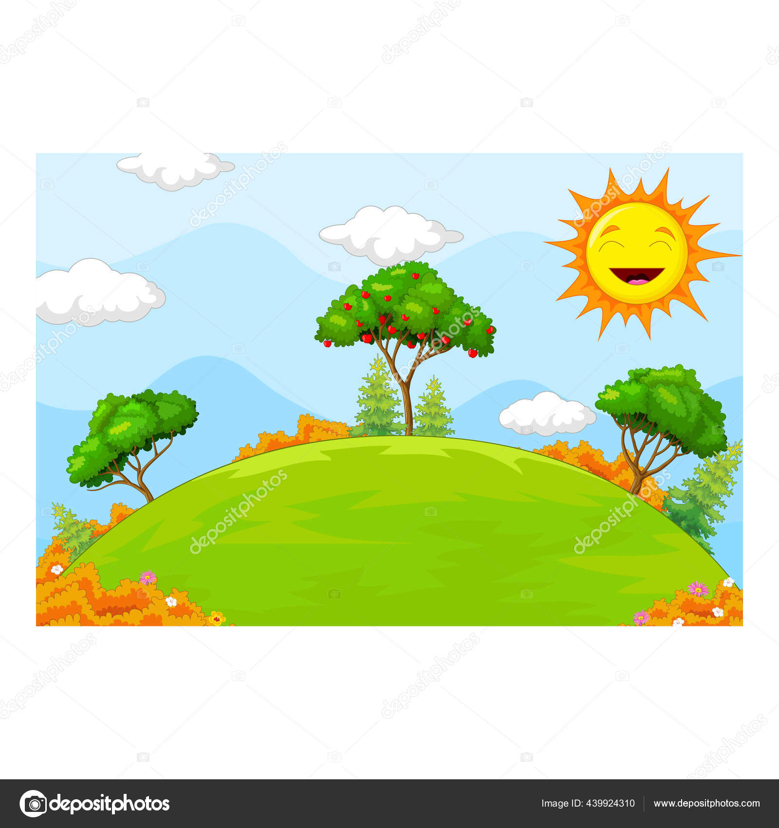 Hermoso Paisaje Con Fondo Dibujos Animados Sol Vector de stock ...