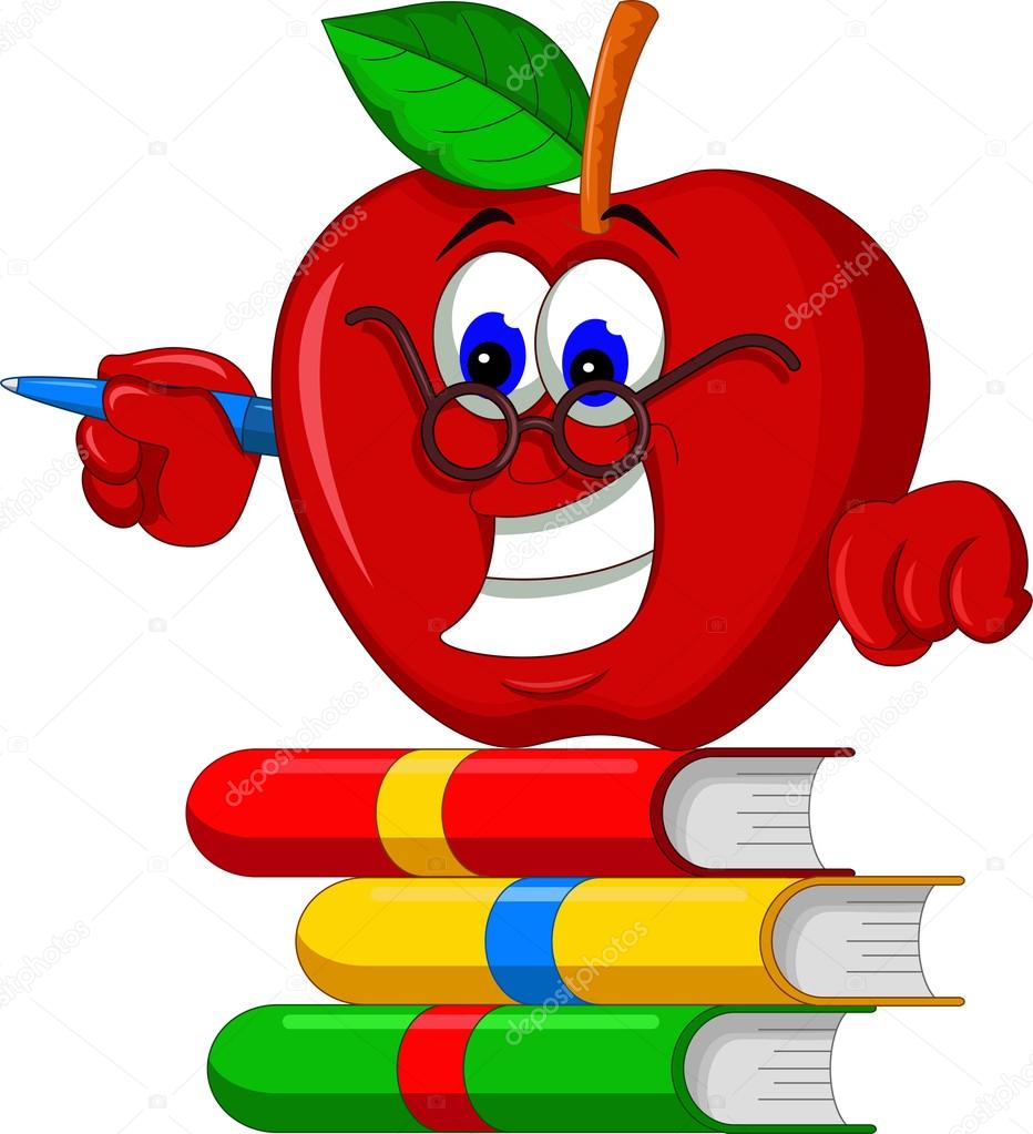 Libros con dibujos animados de manzana presentando Ilustración de stock ...