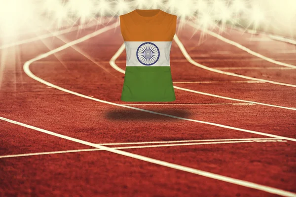 Red running track with lines and India flag on shirt - Stock Image ...