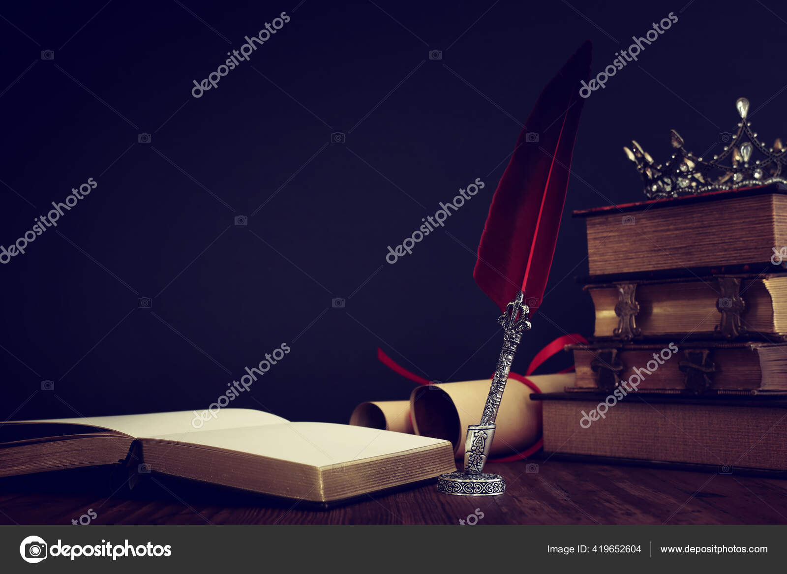 Low Key Image Beautiful Queen King Crown Old Books Feather — Stock ...