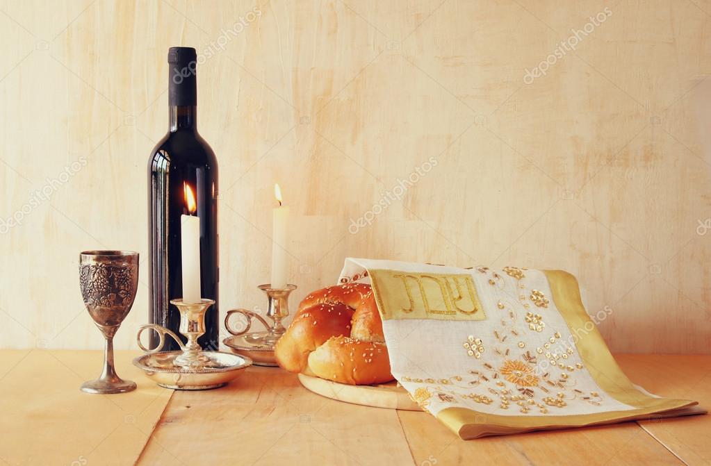 Sabbath image. challah bread and candelas on wooden table — Stock Photo ...