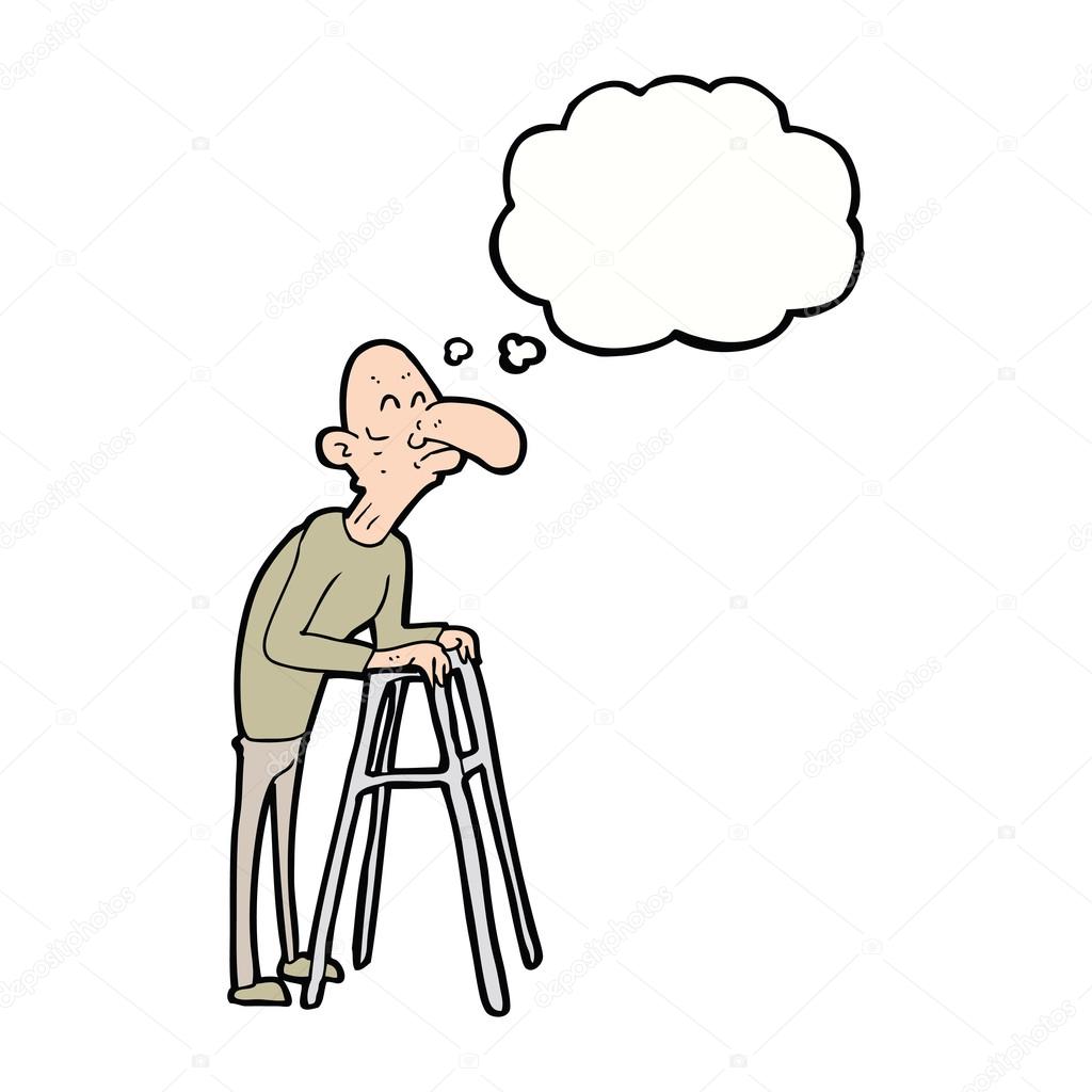 Cartoon Old Man With Walking Frame With Thought Bubble Stock Vector