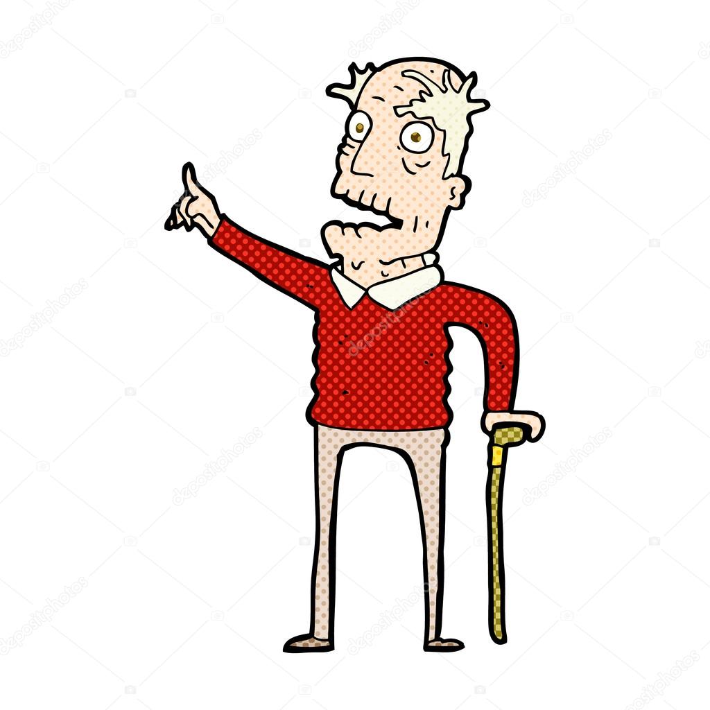 Comic Cartoon Old Man With Walking Stick — Stock Vector