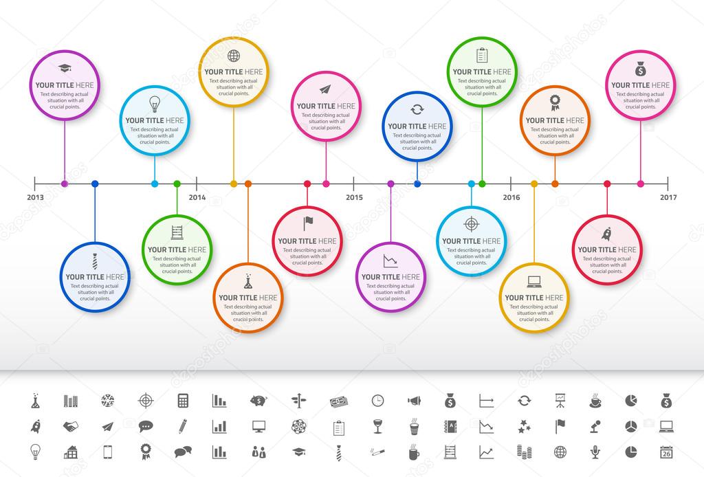 Modern rainbow timeline with circle milestones with pastel fill. Set of ...