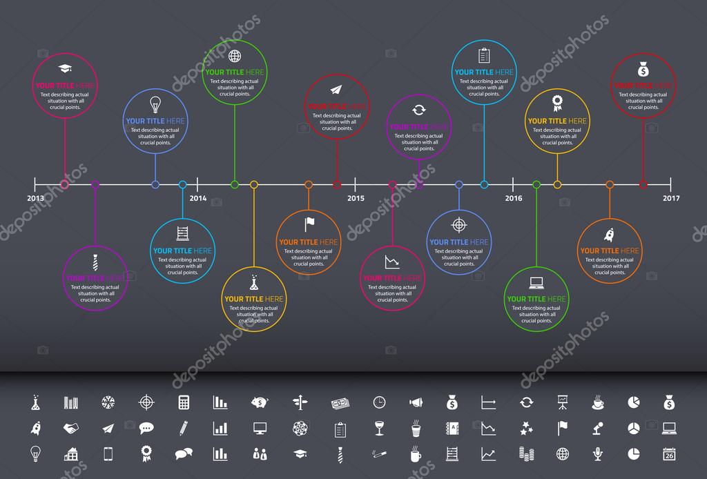 Modern rainbow timeline with circle milestones and set of icons — Stock ...