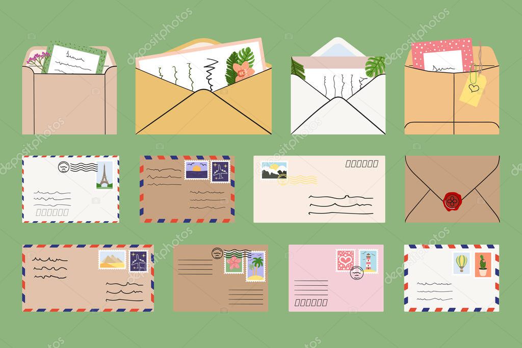 Conjunto de correos, sobres, cartas, postales, sellos postales ...