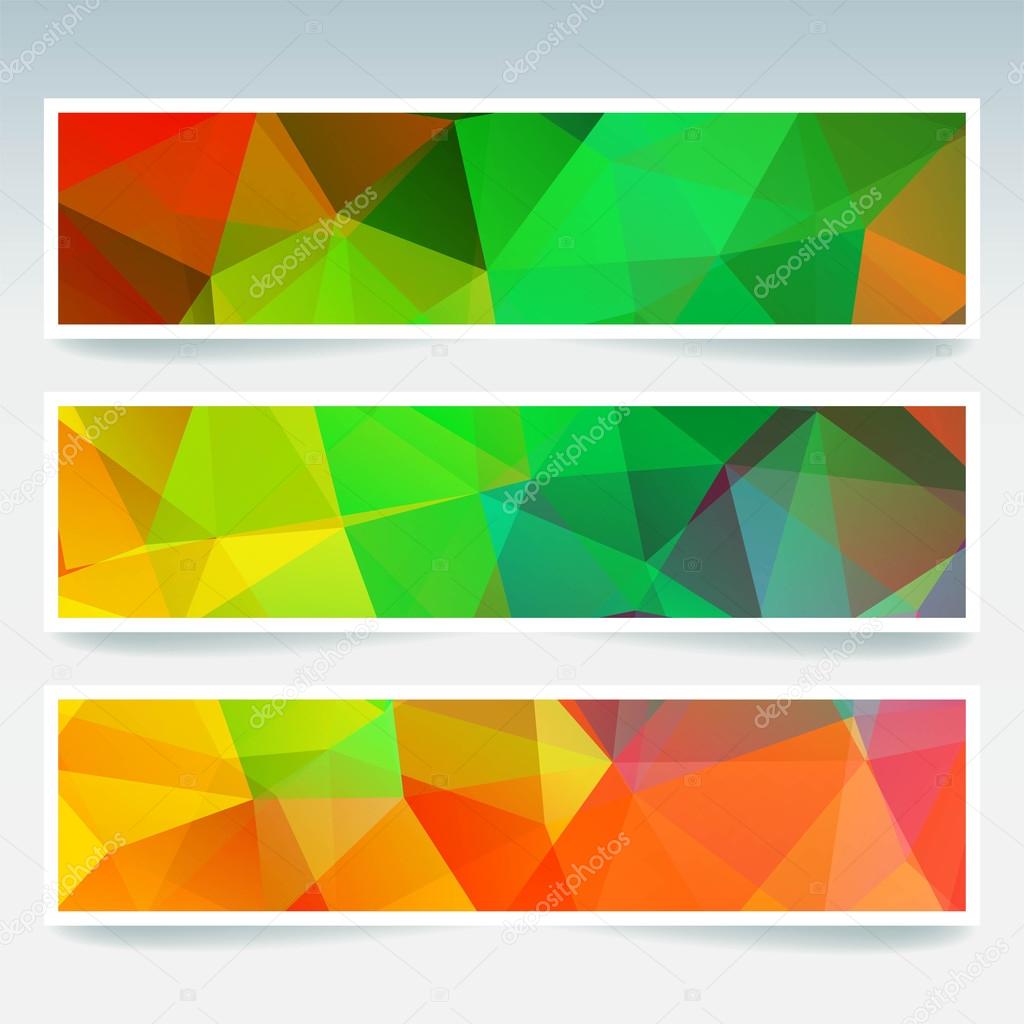 Horizontal banners set with polygonal triangles. Polygon background, vector illustration. Green ...