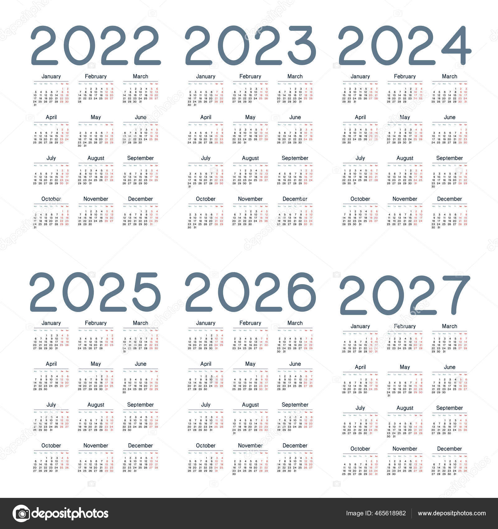 Simple English Calendar 2022 2027 White Background Vector Illustration ...