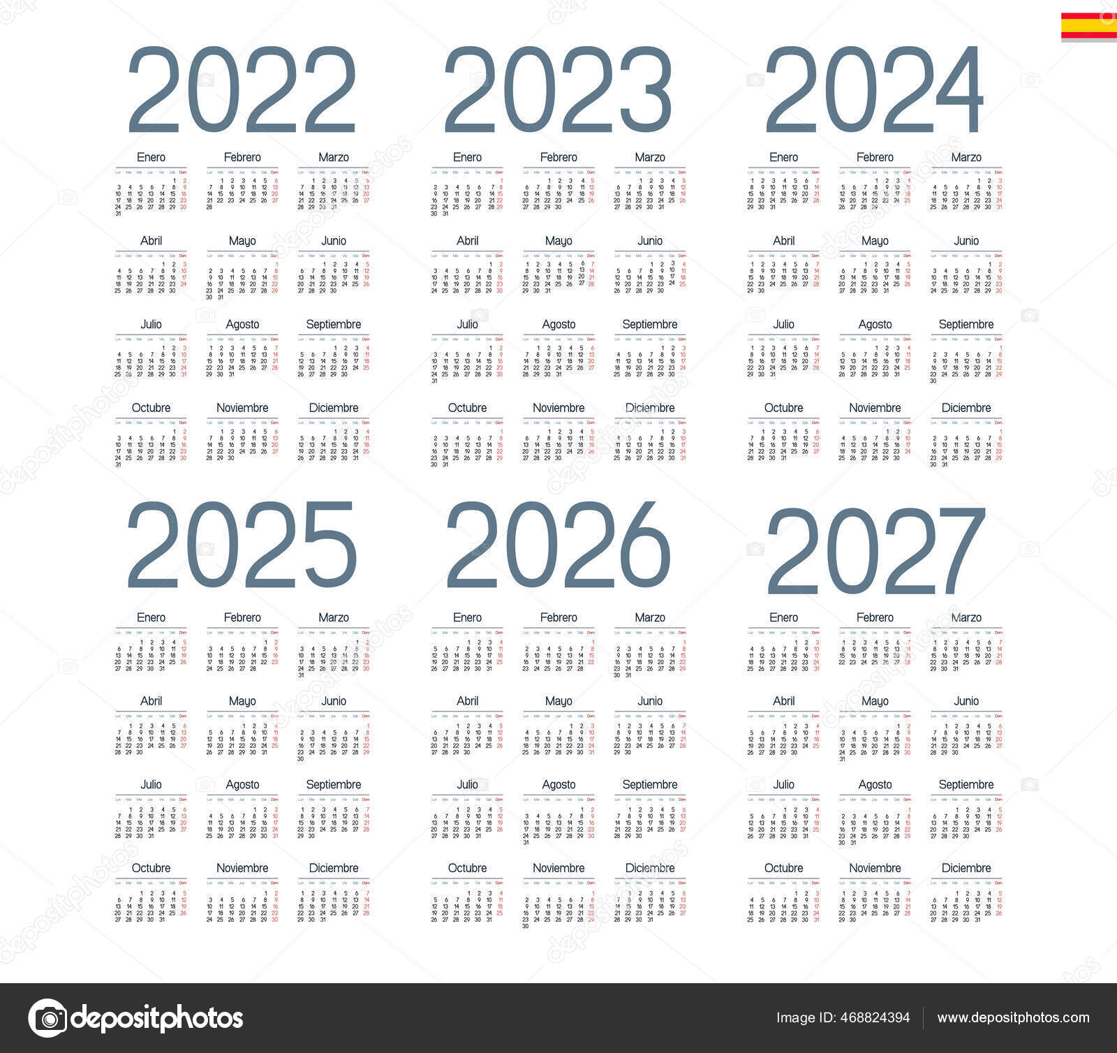 Spanish Calendar 2022 2023 2024 2025 2026 2027 White Background Stock ...