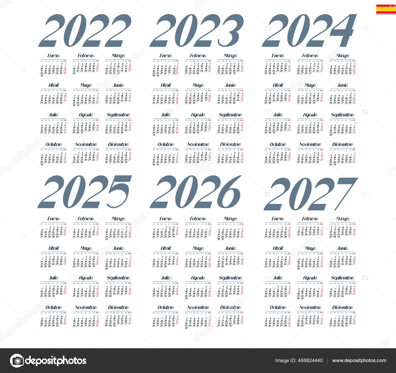 Spanish Calendar 2022 2023 2024 2025 2026 2027 White Background Stock ...