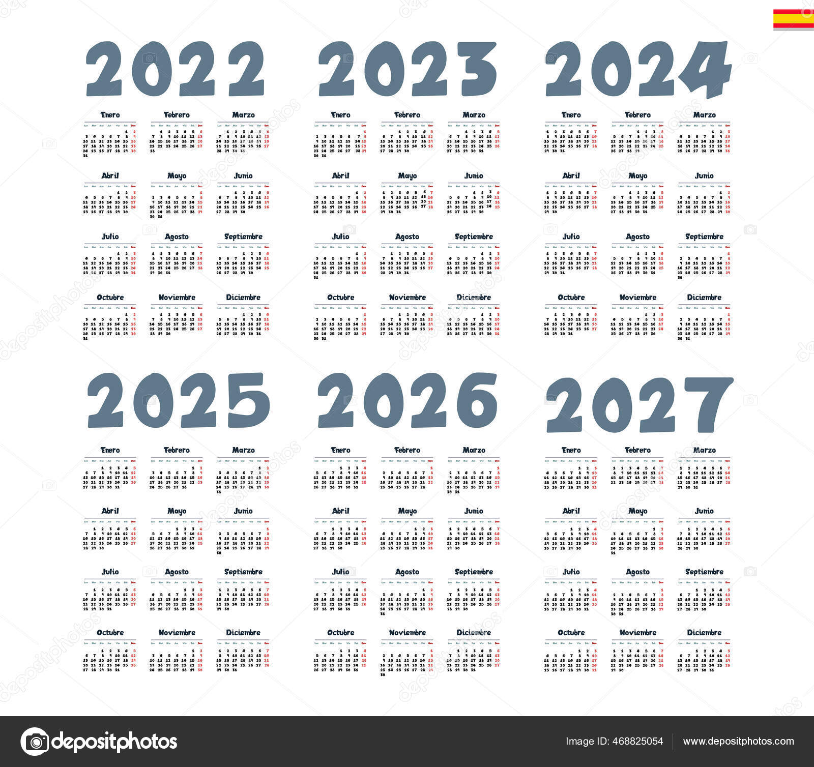 Spanish Calendar 2022 2023 2024 2025 2026 2027 White Background Stock ...