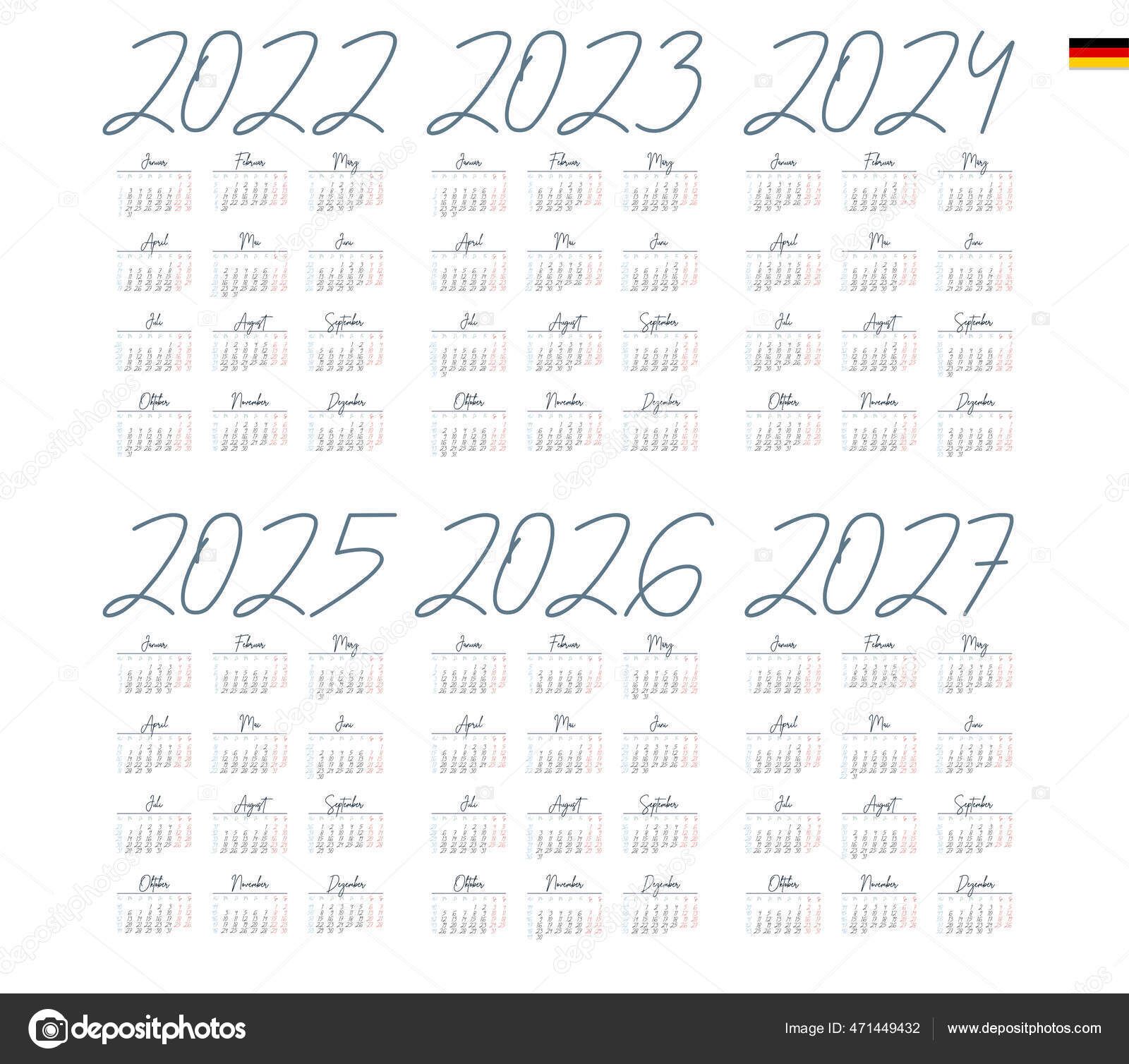Duitse Kalender Voor 2022 2023 2024 2025 2026 2027 Week stockvector ... Duitse Kalender Voor 2022 2023 2024 2025 2026 2027 Week stockvector ...
