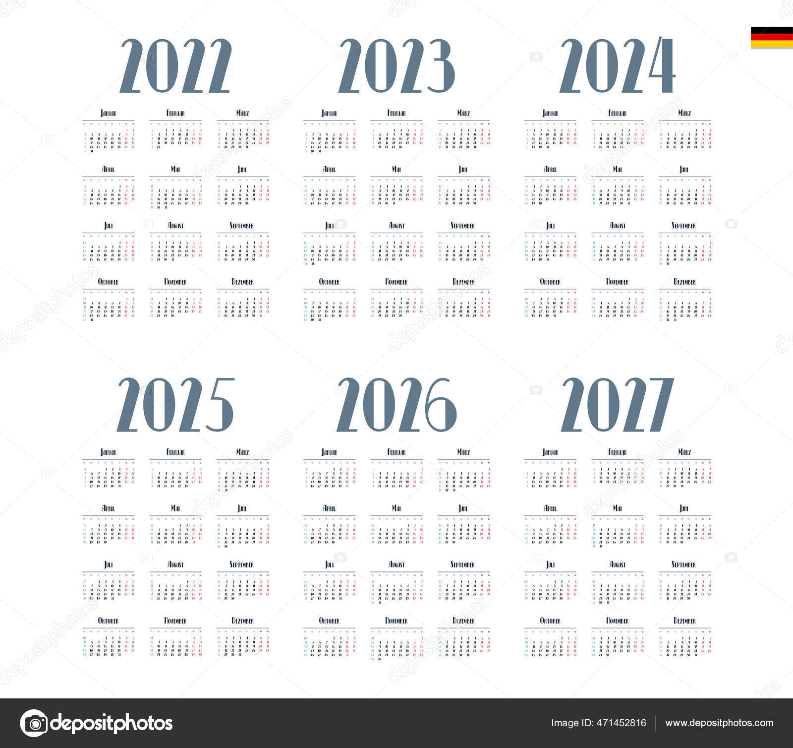 Kalender Jerman Untuk 2022 2023 2024 2025 2026 2027 Minggu Vektor Stok ...