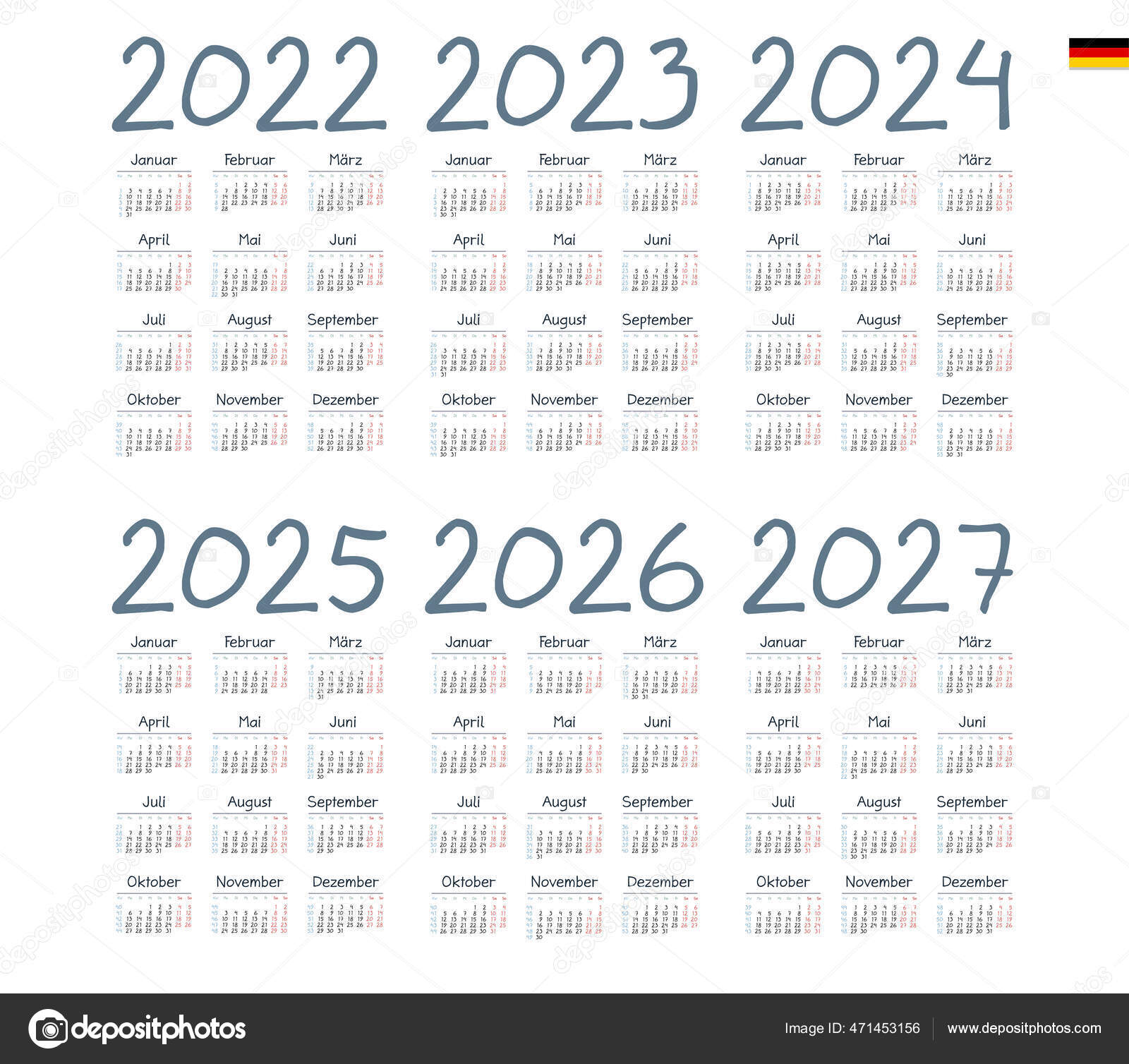 Kalender Jerman Untuk 2022 2023 2024 2025 2026 2027 Minggu Vektor Stok ...