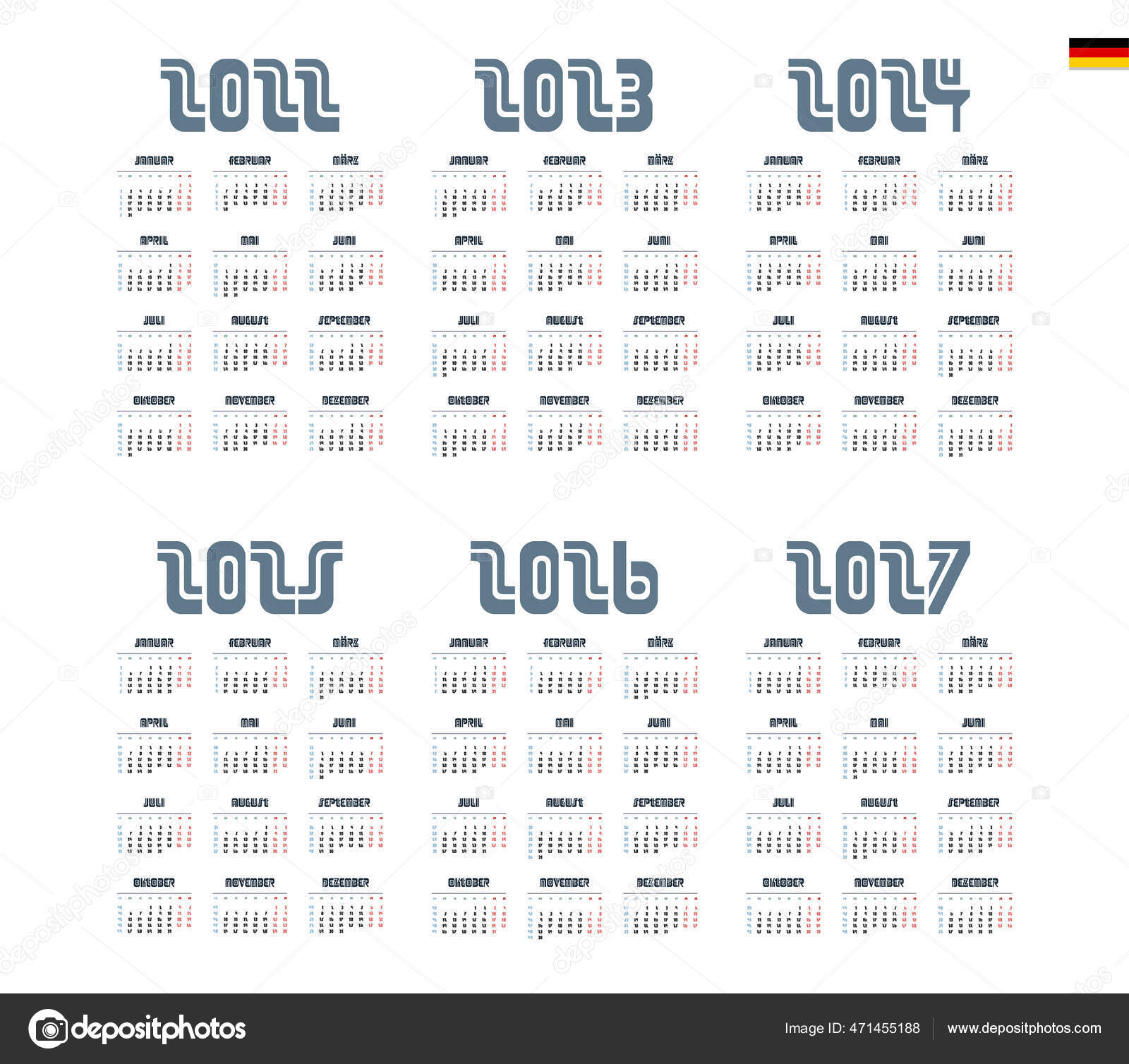 German Calendar 2022 2023 2024 2025 2026 2027 Week Starts Stock Vector ...