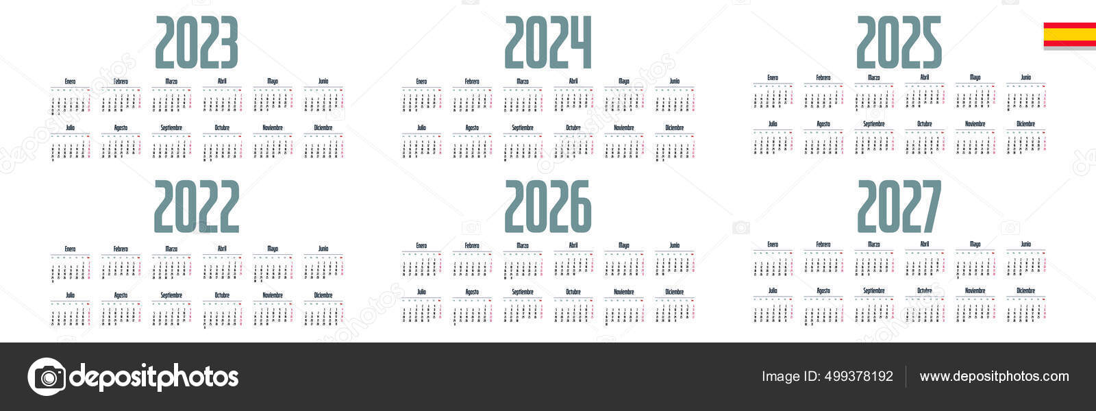 Spanish Calendar 2022 2023 2024 2025 2026 2027 White Background Stock ...
