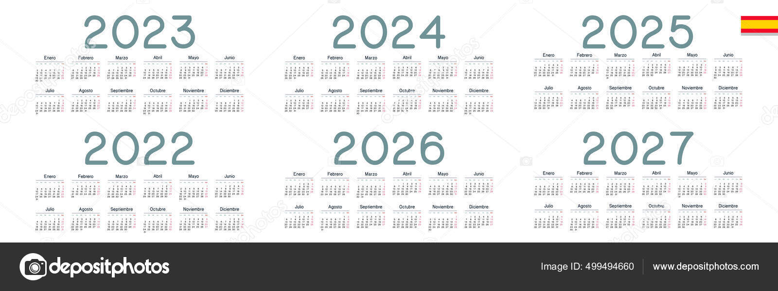 Spanish Calendar 2022 2023 2024 2025 2026 2027 White Background Stock ...