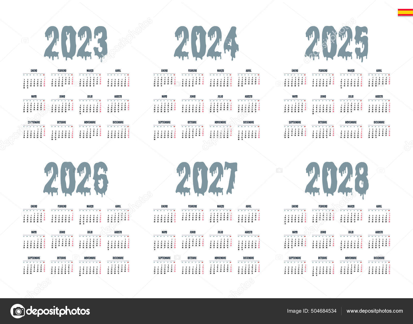 Spanish Calendar 2022 2023 2024 2025 2026 2027 White Background Stock ...