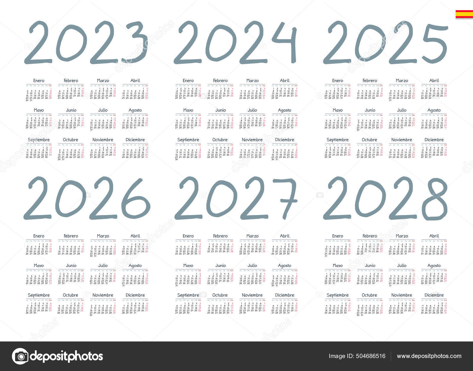 Spanish Calendar 2022 2023 2024 2025 2026 2027 White Background Stock ...