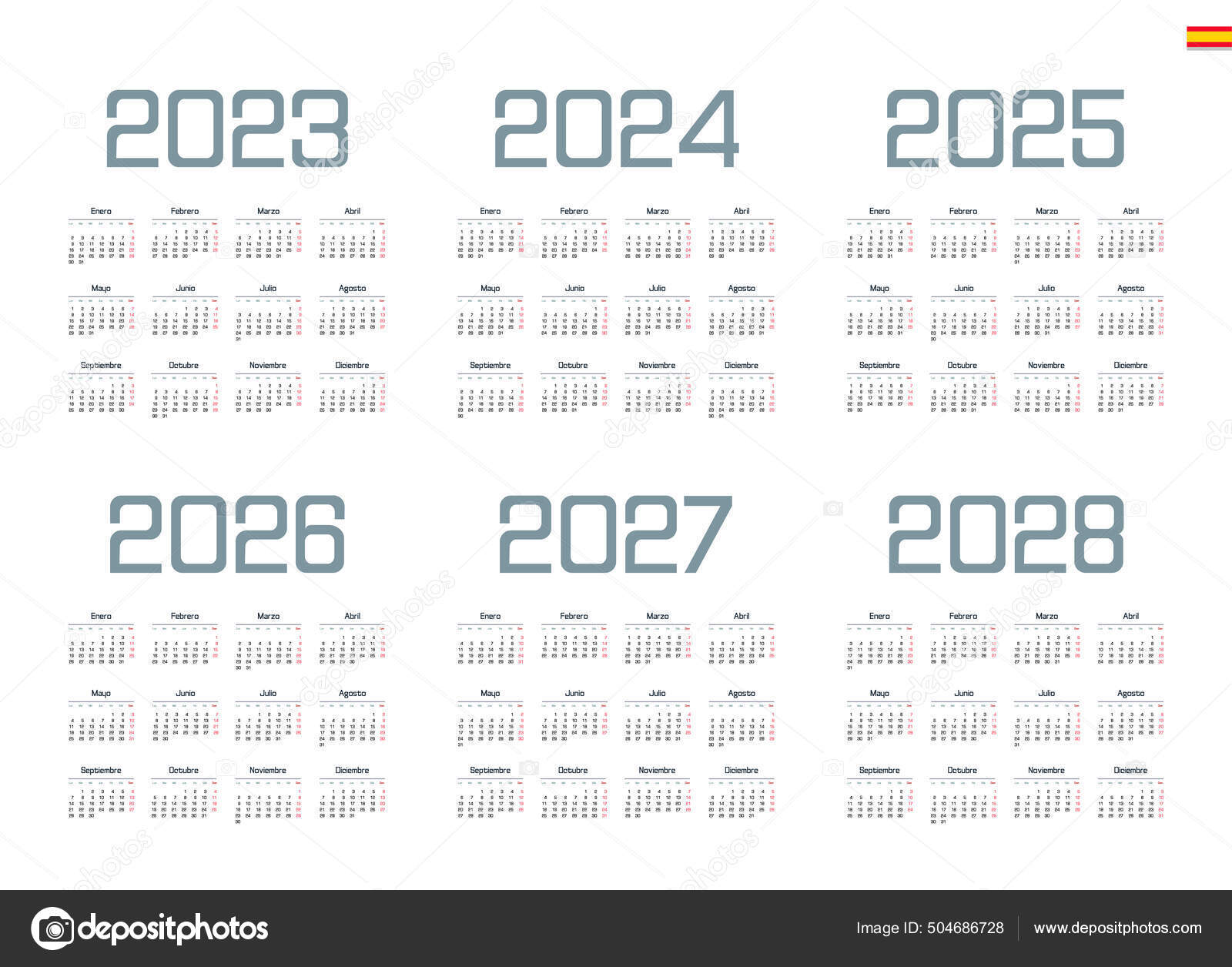 Spanish Calendar 2022 2023 2024 2025 2026 2027 White Background Stock ...