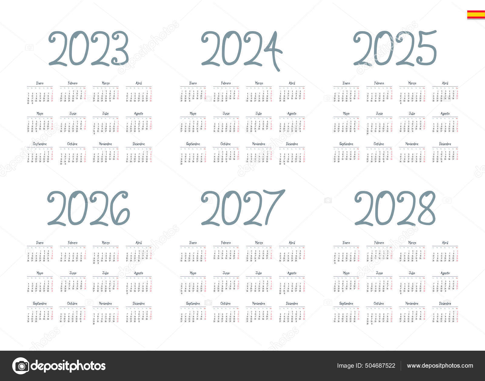 Calendário Espanhol 2022 2023 2024 2025 2026 2027 Sobre Fundo Vetor de ...