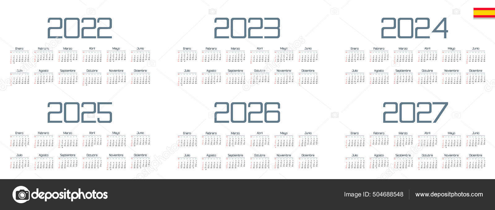 Spanish Calendar 2022 2023 2024 2025 2026 2027 White Background Stock ...