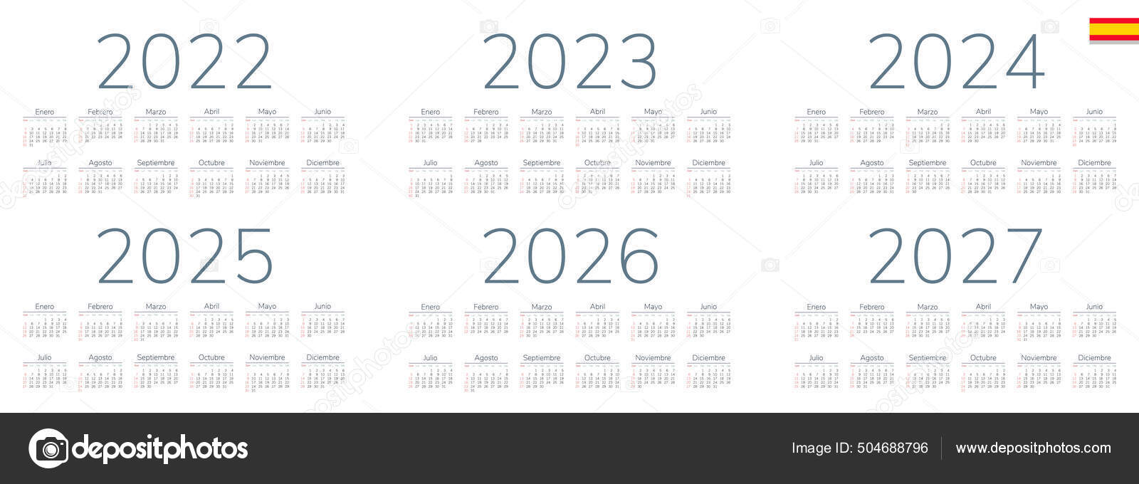Spanish Calendar 2022 2023 2024 2025 2026 2027 White Background Stock ...