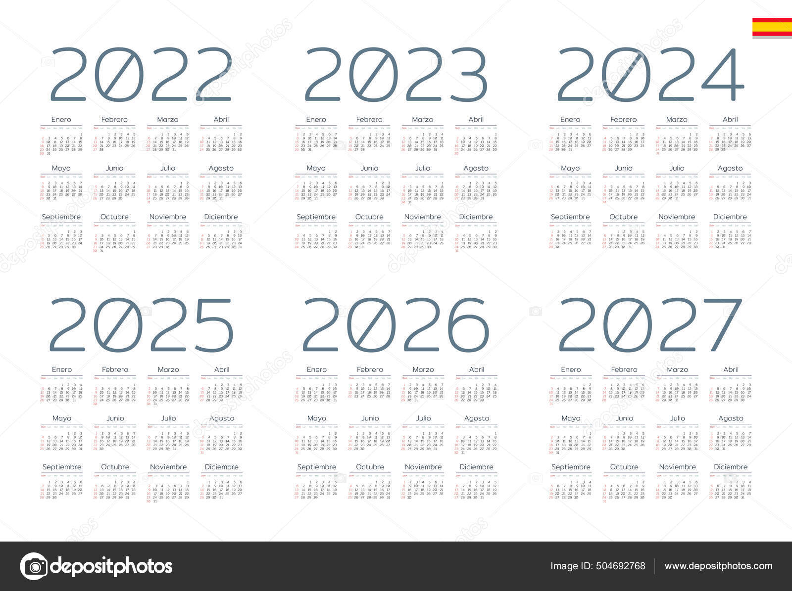Spanish Calendar 2022 2023 2024 2025 2026 2027 White Background Stock ...