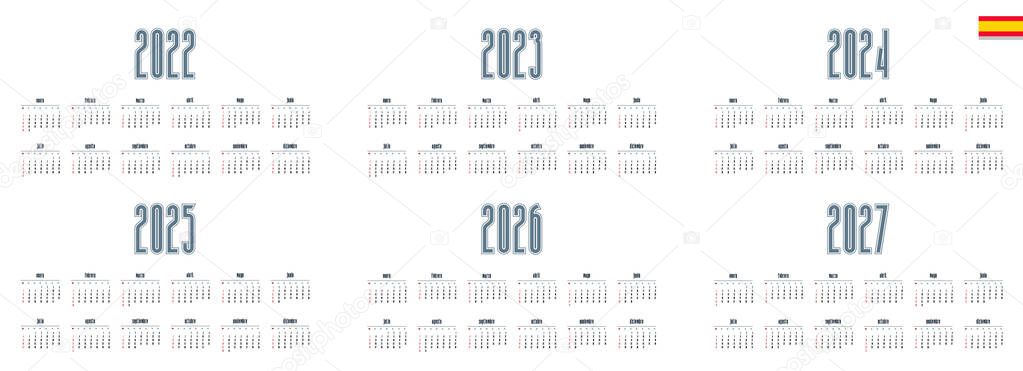 Calendario Español 2022 2023 2024 2025 2026 2027 Sobre Fondo Vector de ...
