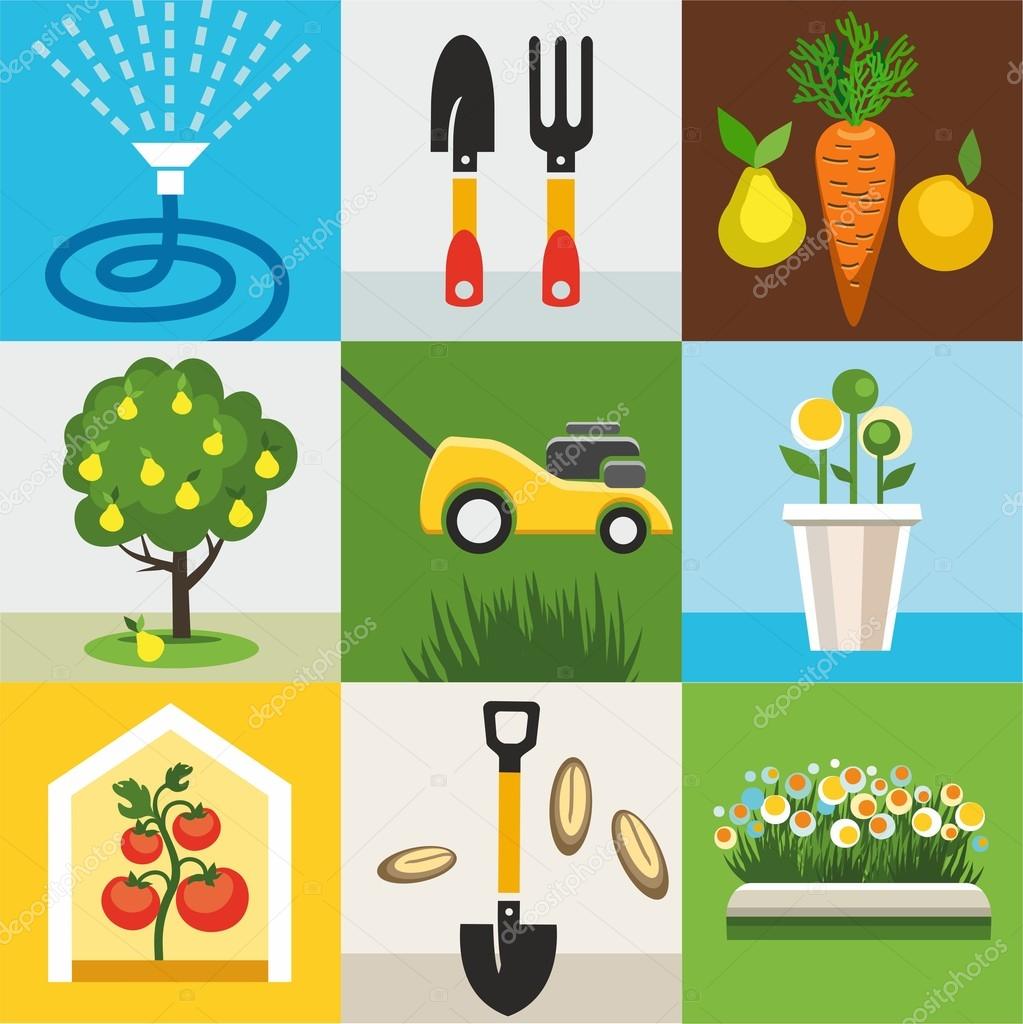 Icons garden, vegetable garden, flat colored. — Stock Vector ...