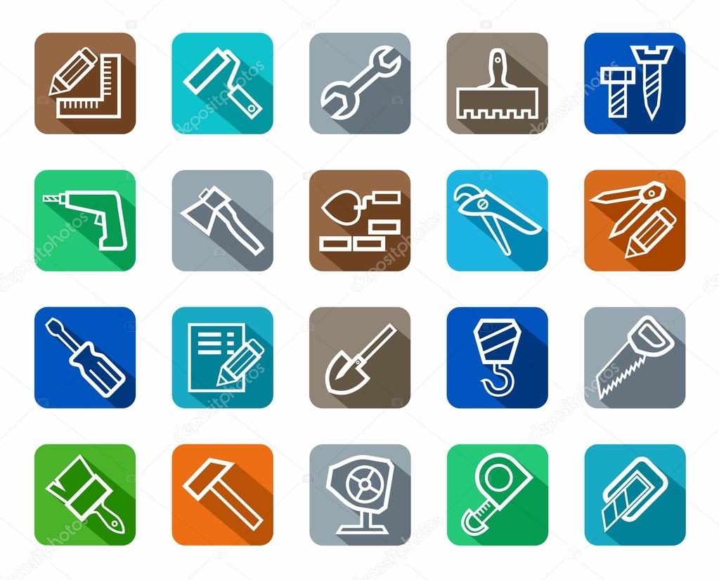 Icons, tools, repairs and construction, colored background, shadow ...