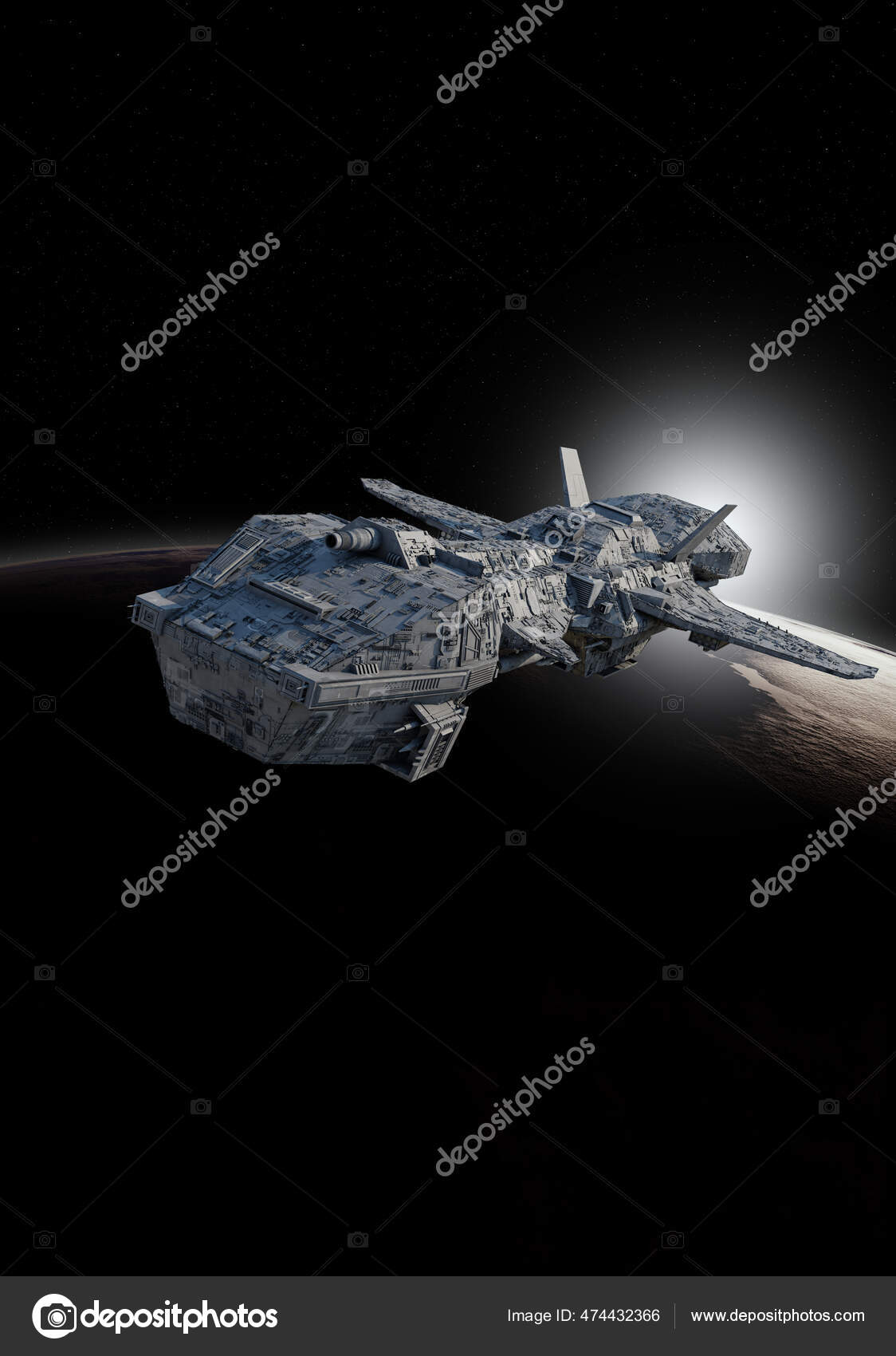 Deep Space Gunship Leaving Planetary Orbit Digitally Rendered Science ...