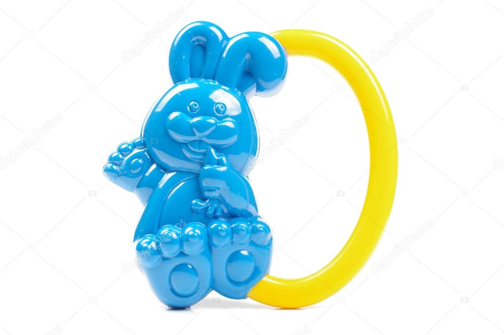 Blue rabbit shape baby rattle isolated on the white background Stock ...