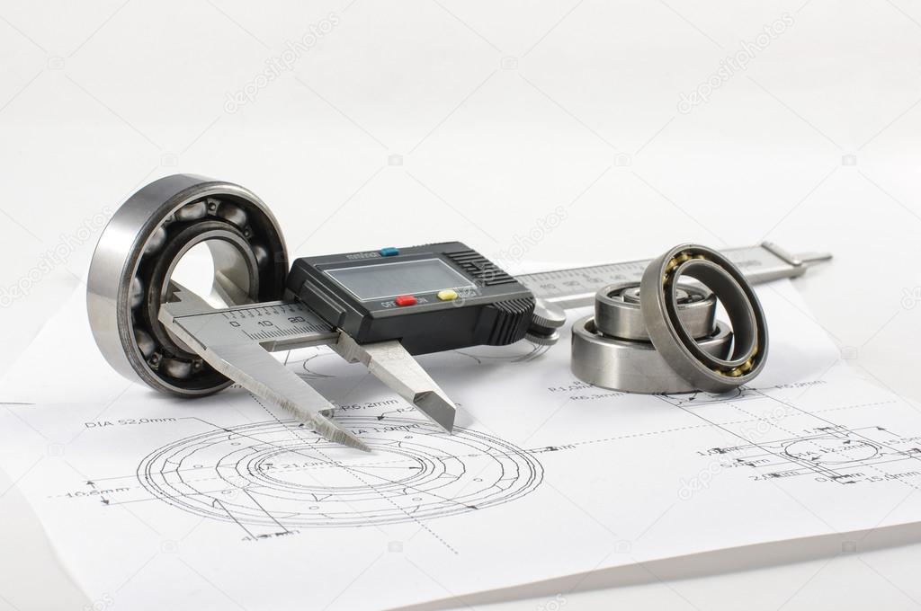 Bearing and caliper on the mechanical engineering drawing — Stock Photo ...