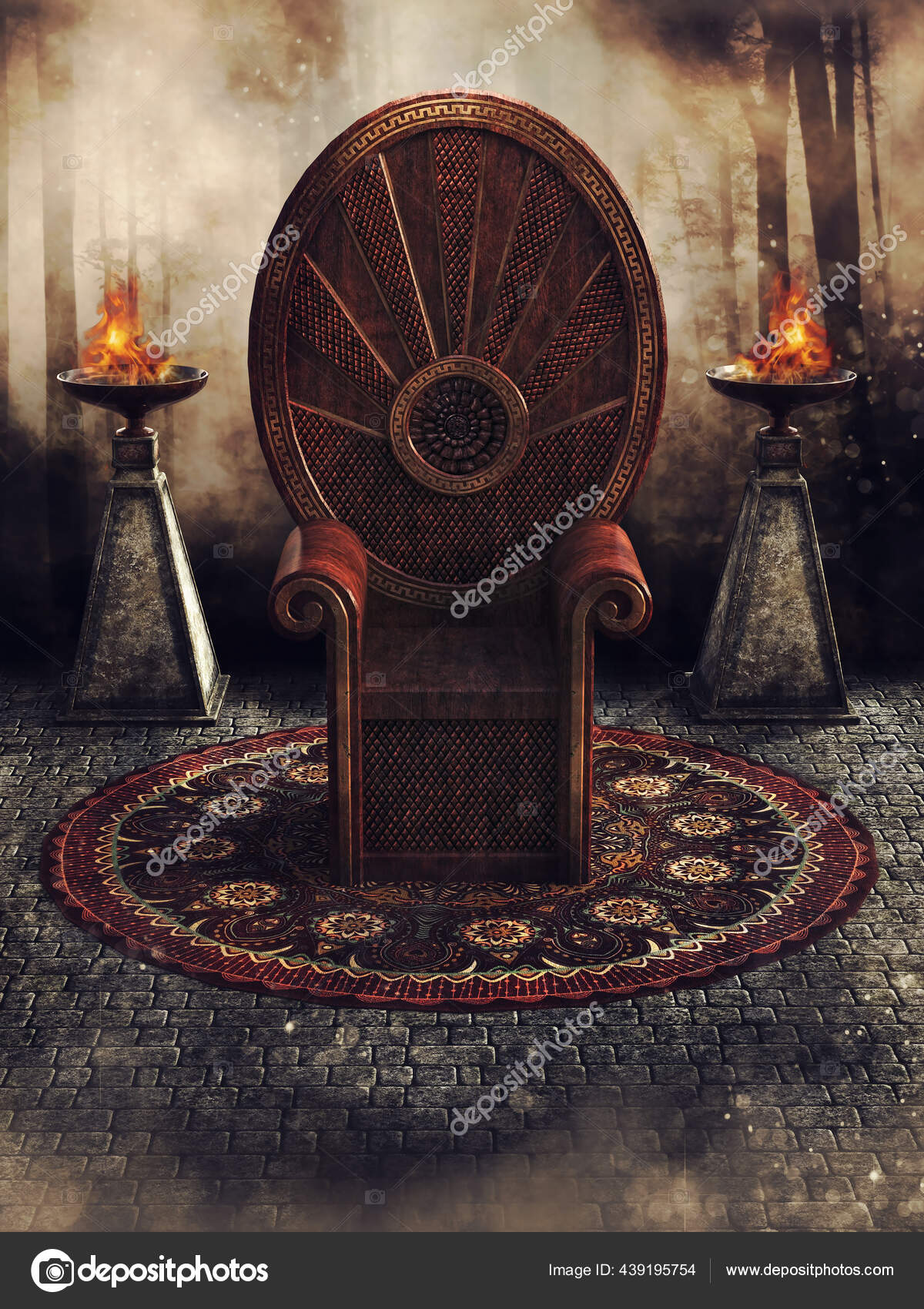 Fantasy Throne Two Stone Burners Fire Foggy Forest Background Render ...
