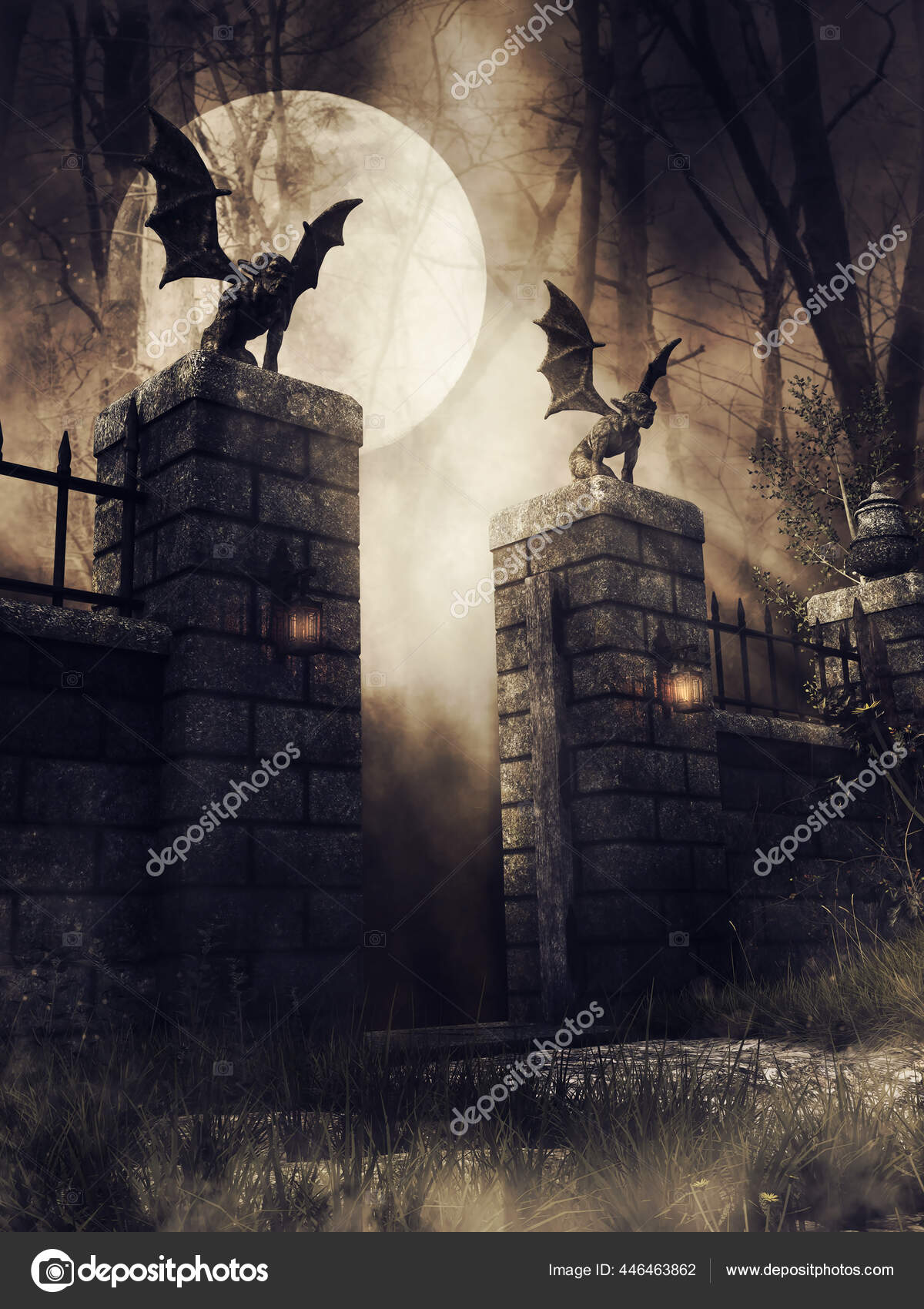 Dark Scene Old Gothic Gate Lanterns Stone Gargoyles Night Render ...