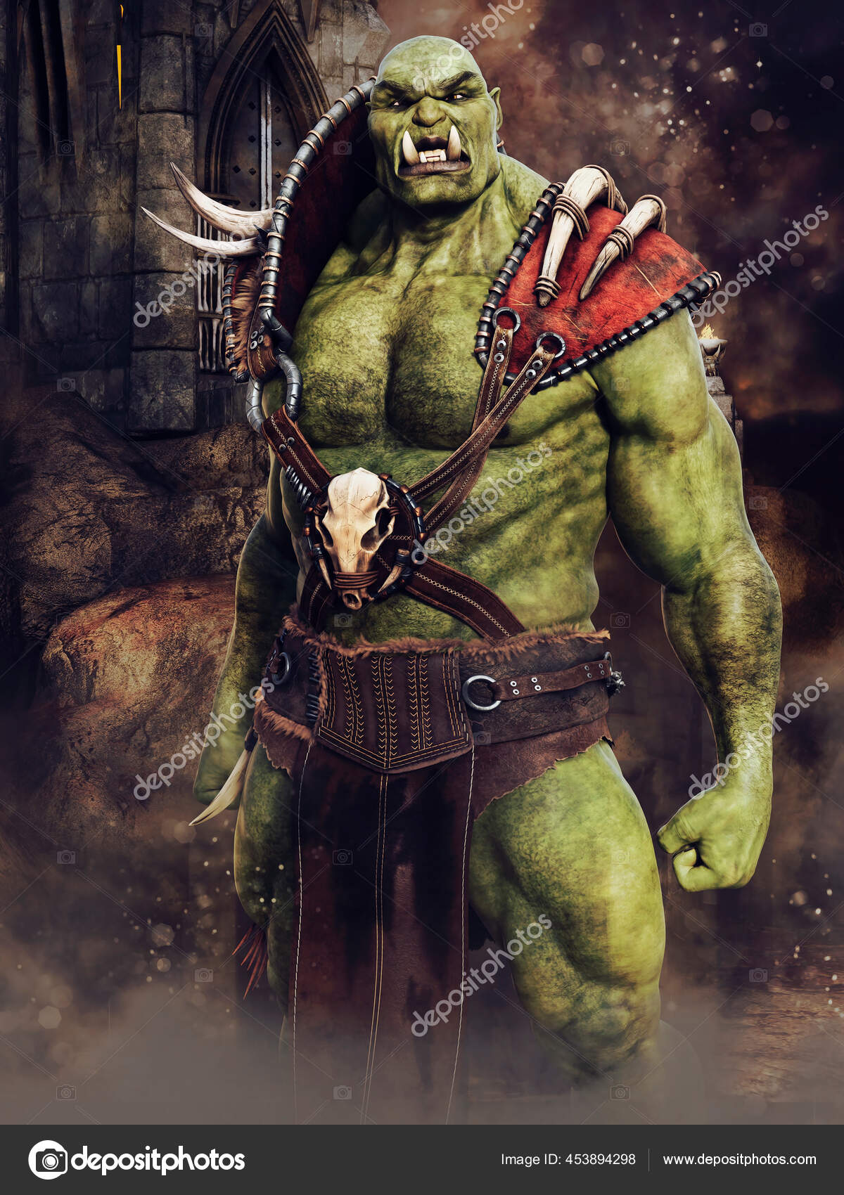 Fantasy Green Ogre Warrior Dressed Armour Standing Front Castle Ruins ...