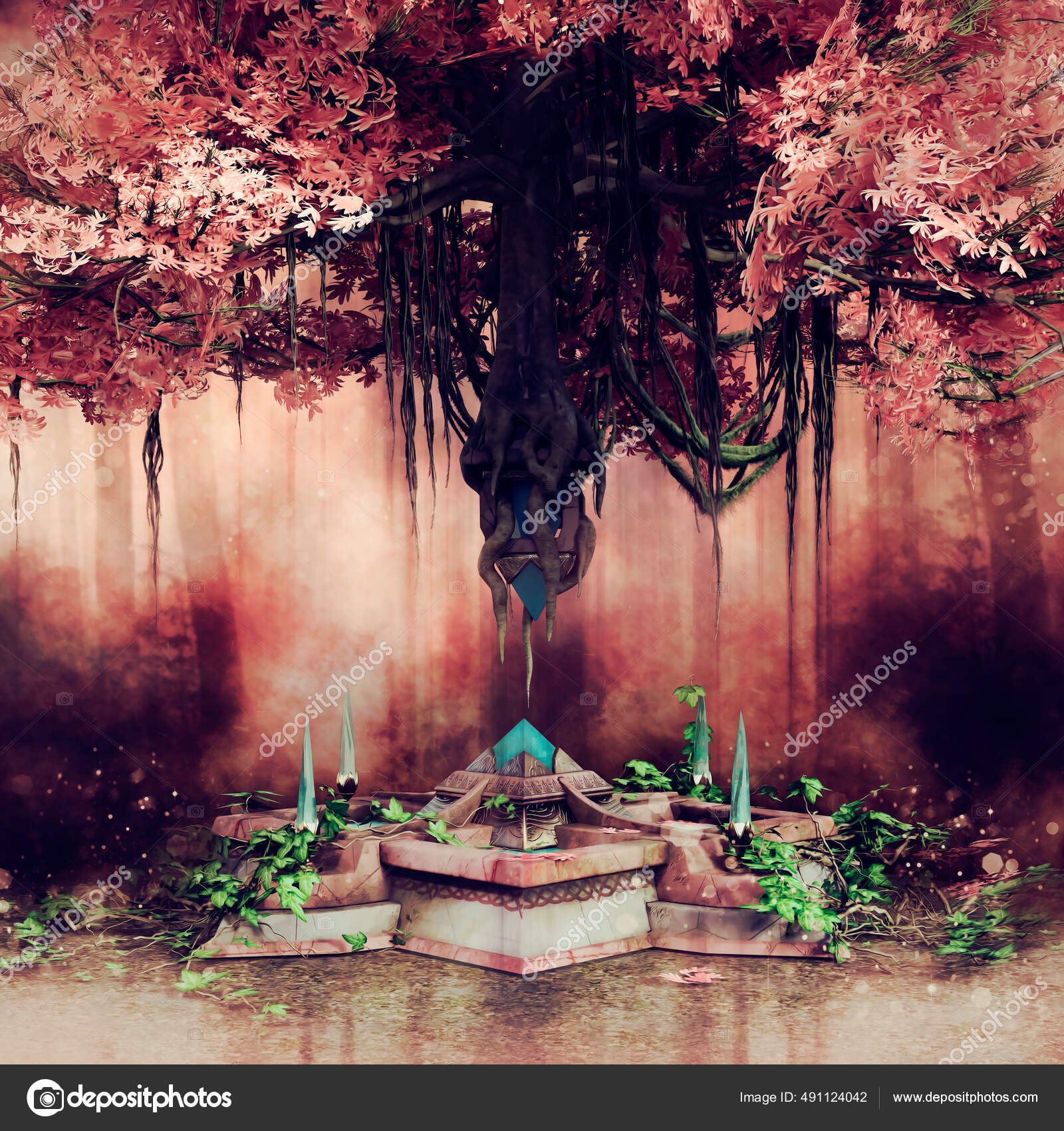 Fantasy Scene Tree Pink Leaves Floating Air Garden Pyramid Render ...