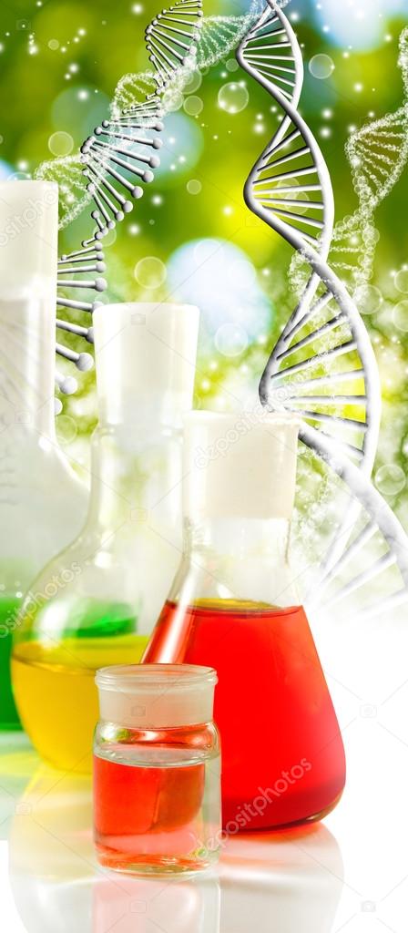 Microscope and flasks with liquid in laboratory closeup Stock Photo by ...